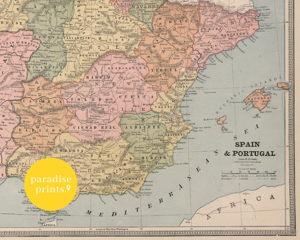 Vintage Map of Spain & Portugal 1800s (printable Map) - Etsy
