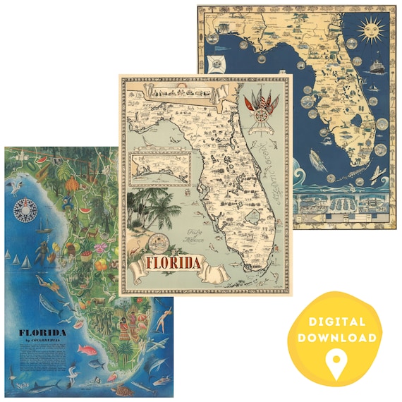Florida Map set of 3 Digital Download Vintage Map Retro - Etsy