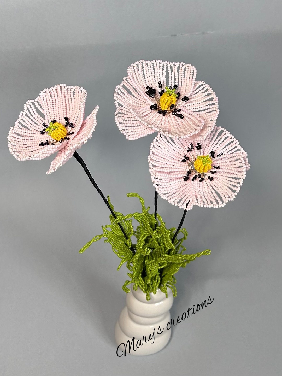 10 Poppies, Light Pink Poppies,handmade Poppies,beaded Flowers,czech ...