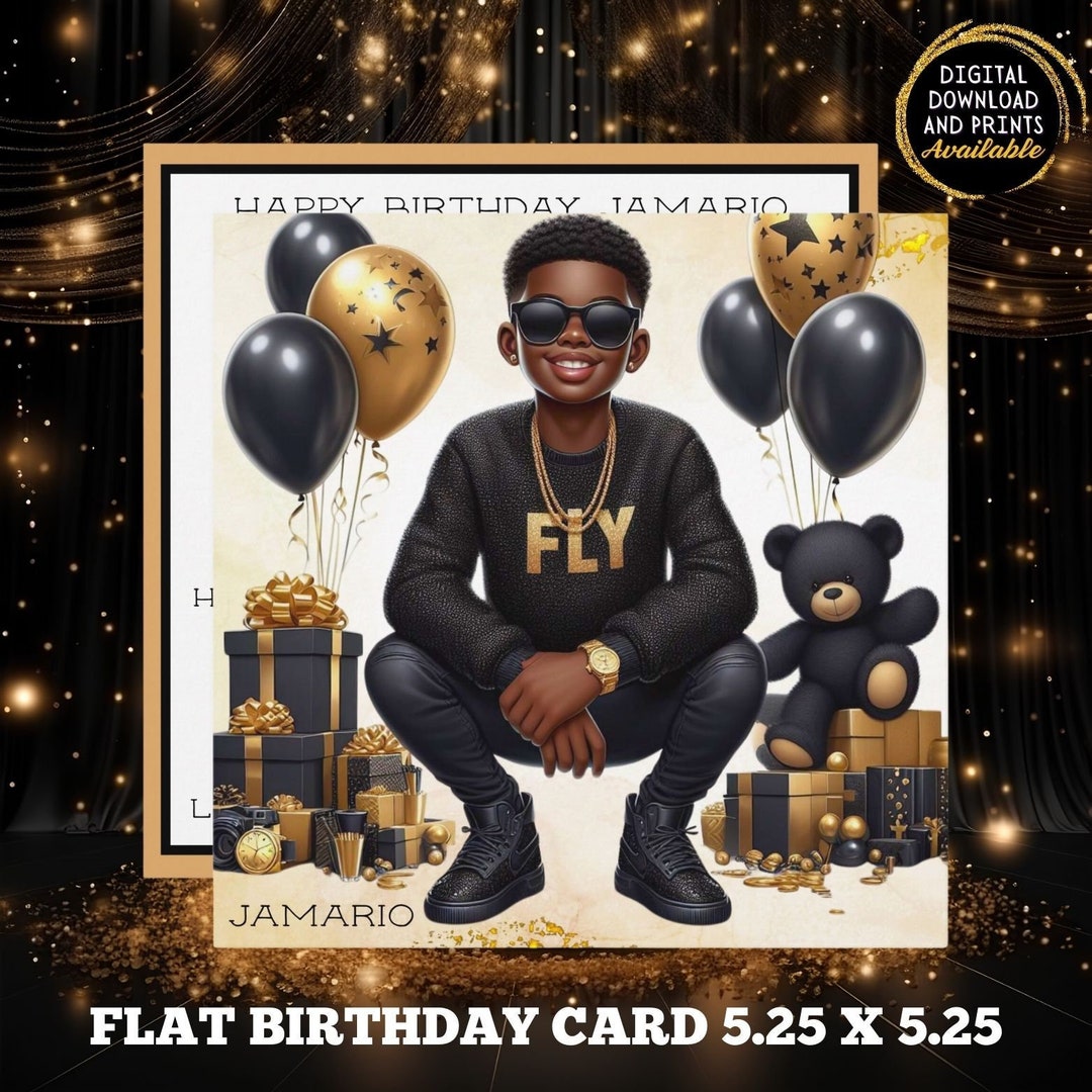 Stylish African American Boy Black/gold Birthday Card: Trendy & Customizable Celebration Card ...