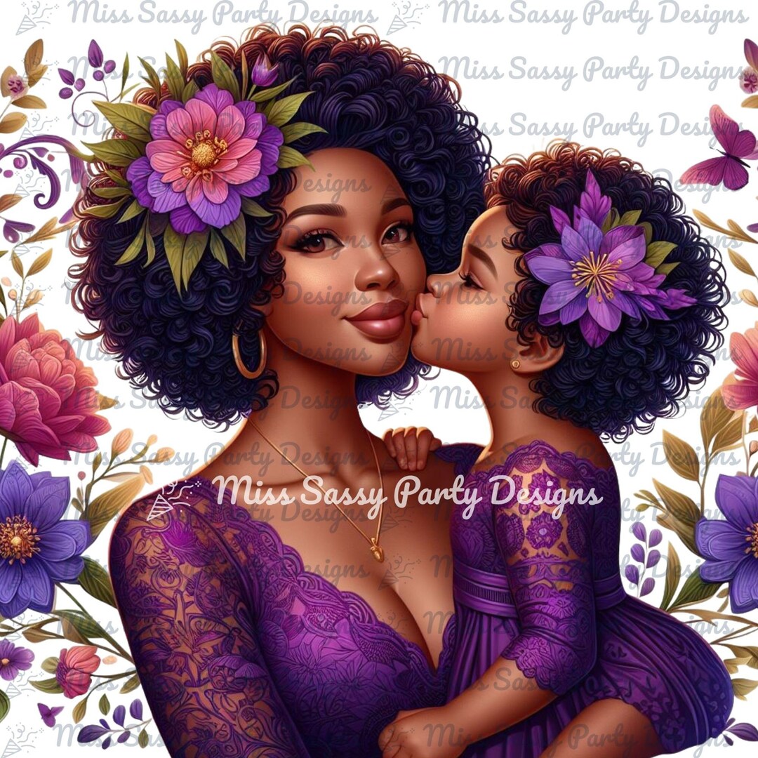 African American Mom & Daughter Kiss, Purple, Mother's Day, Instant Download,mama Clip Art, Afro ...