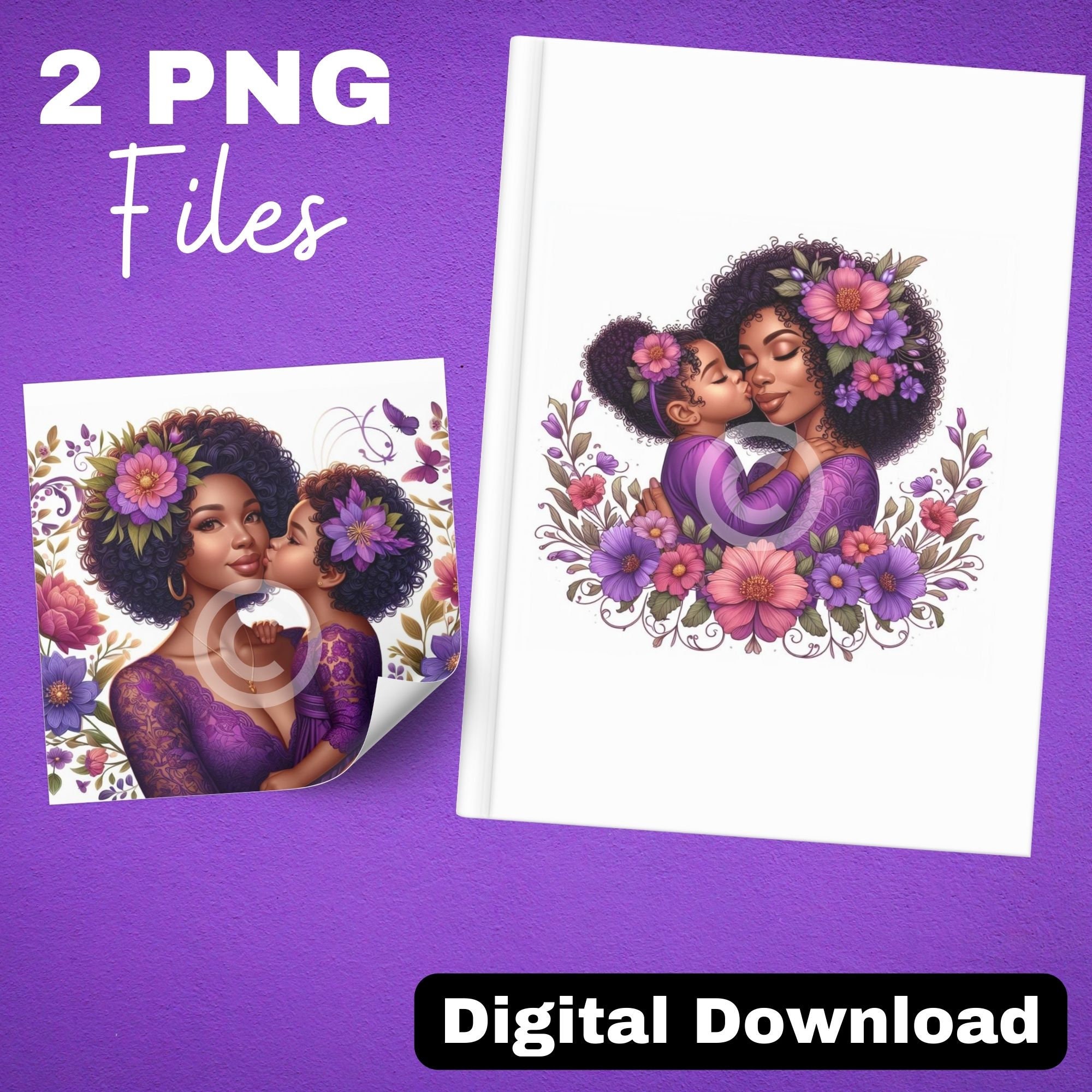 African American Mom & Daughter Kiss, Purple, Mother's Day, Instant Download,mama Clip Art, Afro ...