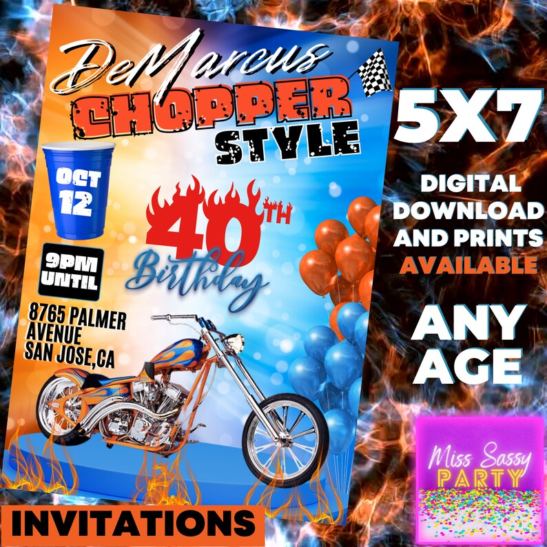 Vintage Chopper Motorcycle Birthday Invitation: Orange & Blue Flames ...