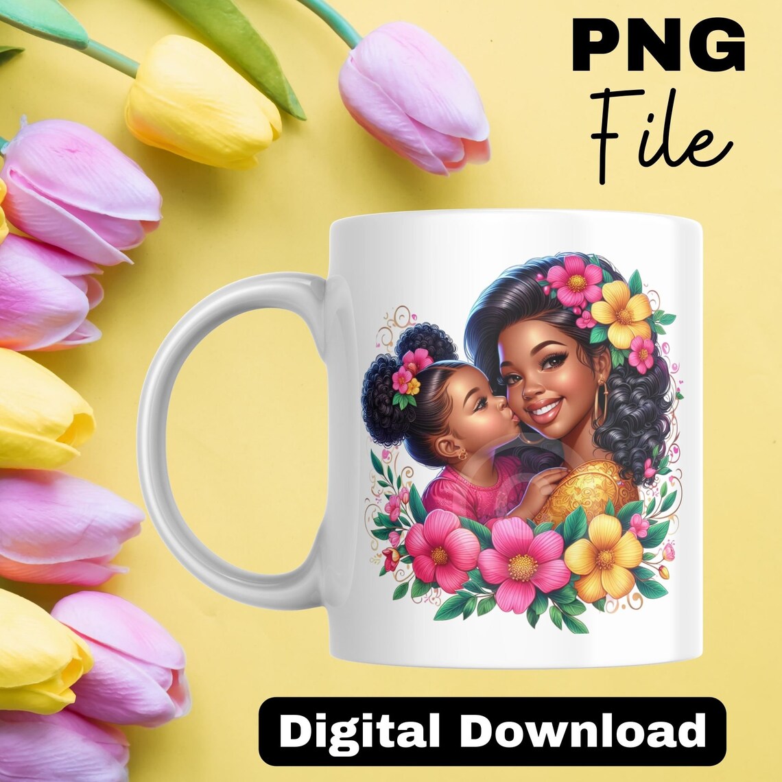 Cute Mother's Day Mom & Daughter Kiss, Pink Yellow, Instant Digital Download, Mama Clip Art ...