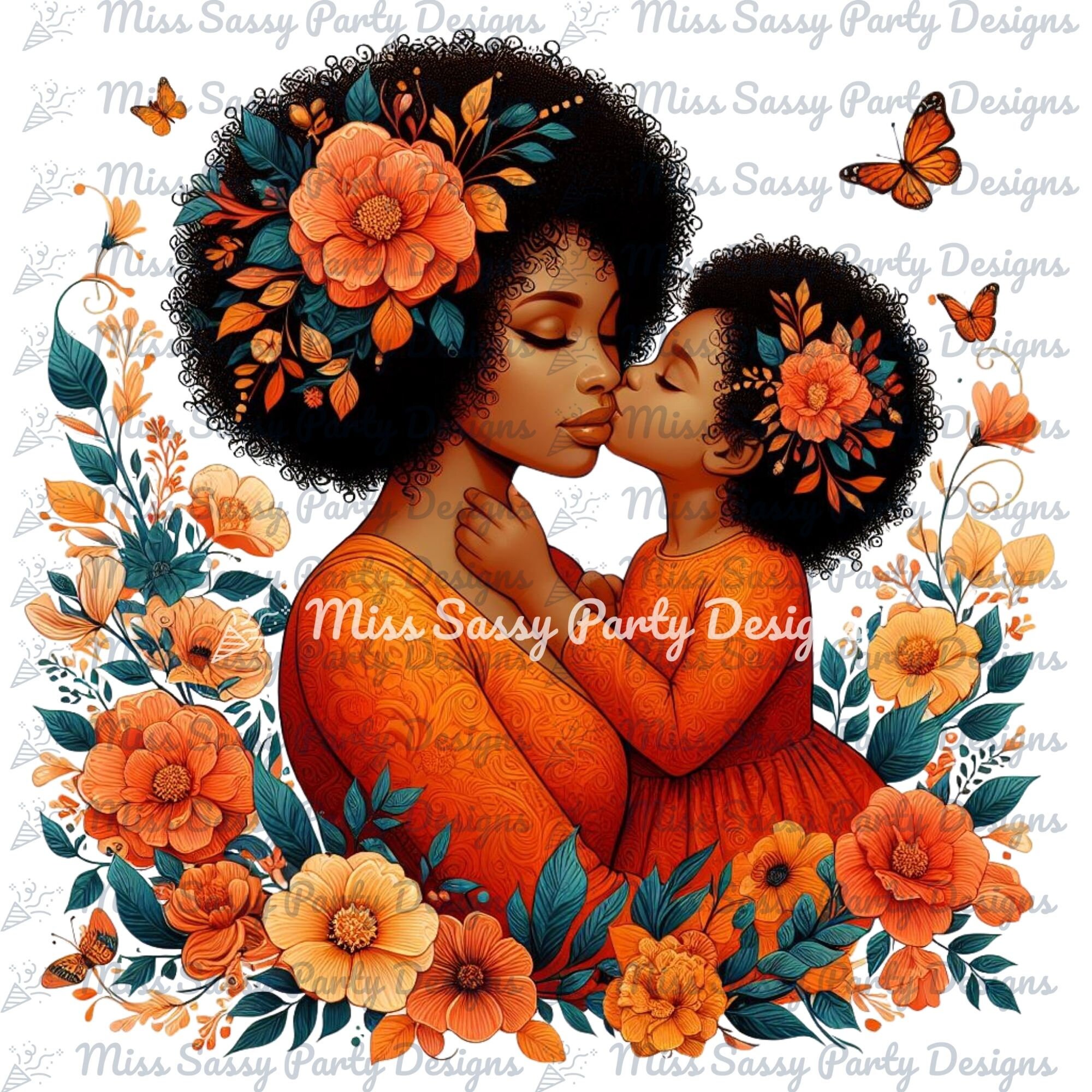 African American Mom & Daughter Kiss, Orange, Mother's Day, Instant Download, Mama Clip Art ...