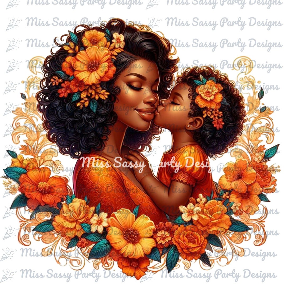 African American Mom & Daughter Kiss, Orange, Mother's Day, Instant Download, Mama Clip Art ...