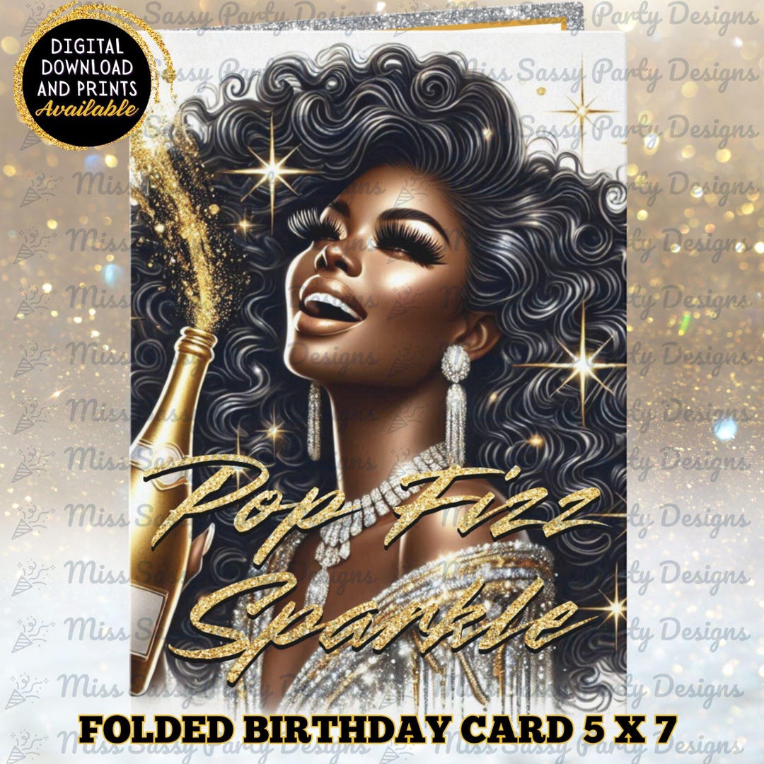 Glam Birthday Card: Black Woman Champagne Pop, Silver & Gold (5x7 ...