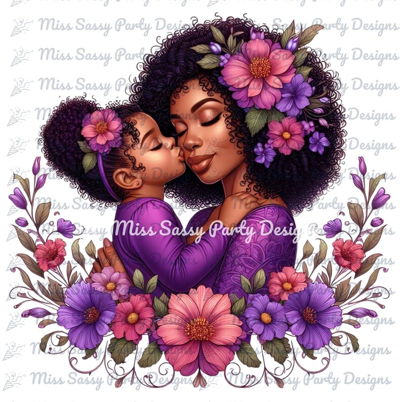 African American Mom & Daughter Kiss, Purple, Mother's Day, Instant Download,mama Clip Art, Afro ...