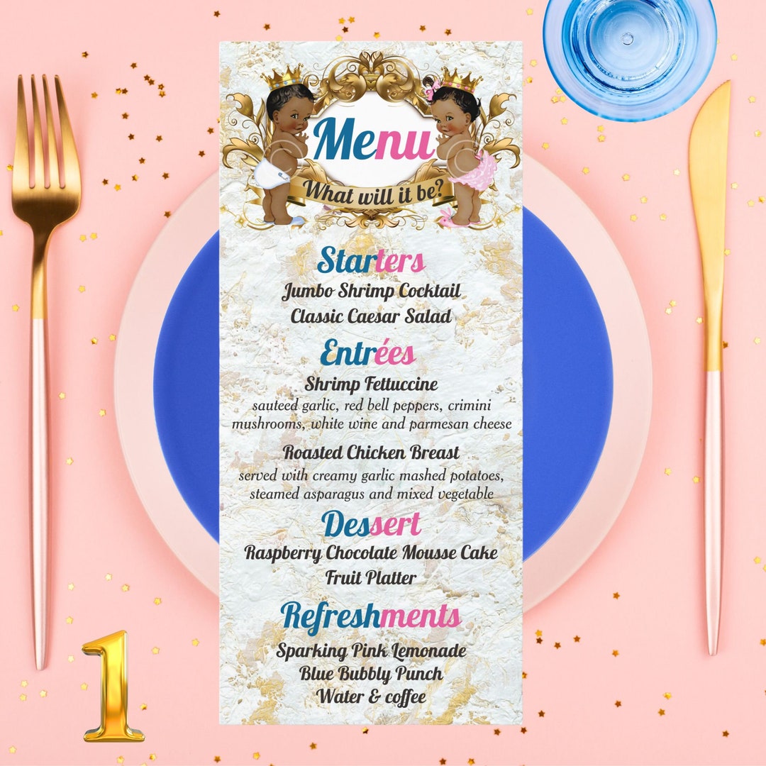 Custom Baby Shower Menu, Royal Gender Reveal Menu, Twin Boy and Girl ...