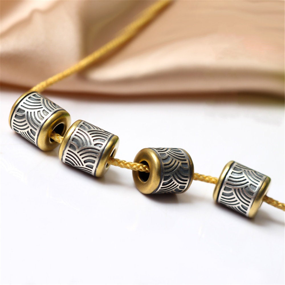 925 Silver Inlaid Brass Barrel Beads Fit Bracelet Jewelry Making Retro ...
