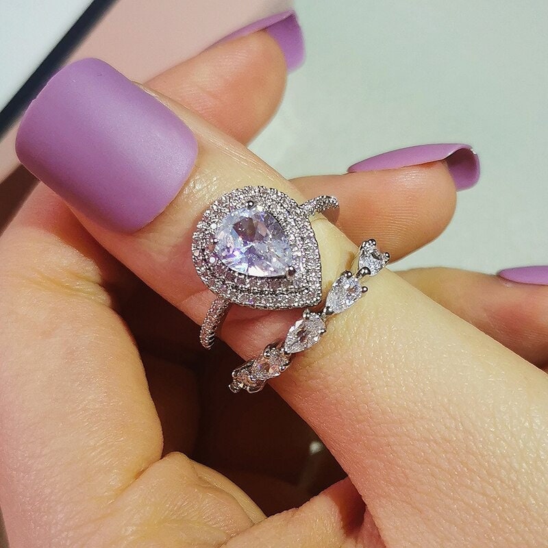 Pear Cut Halo Ring Tear Drop Engagement Ring Bridal Ring - Etsy