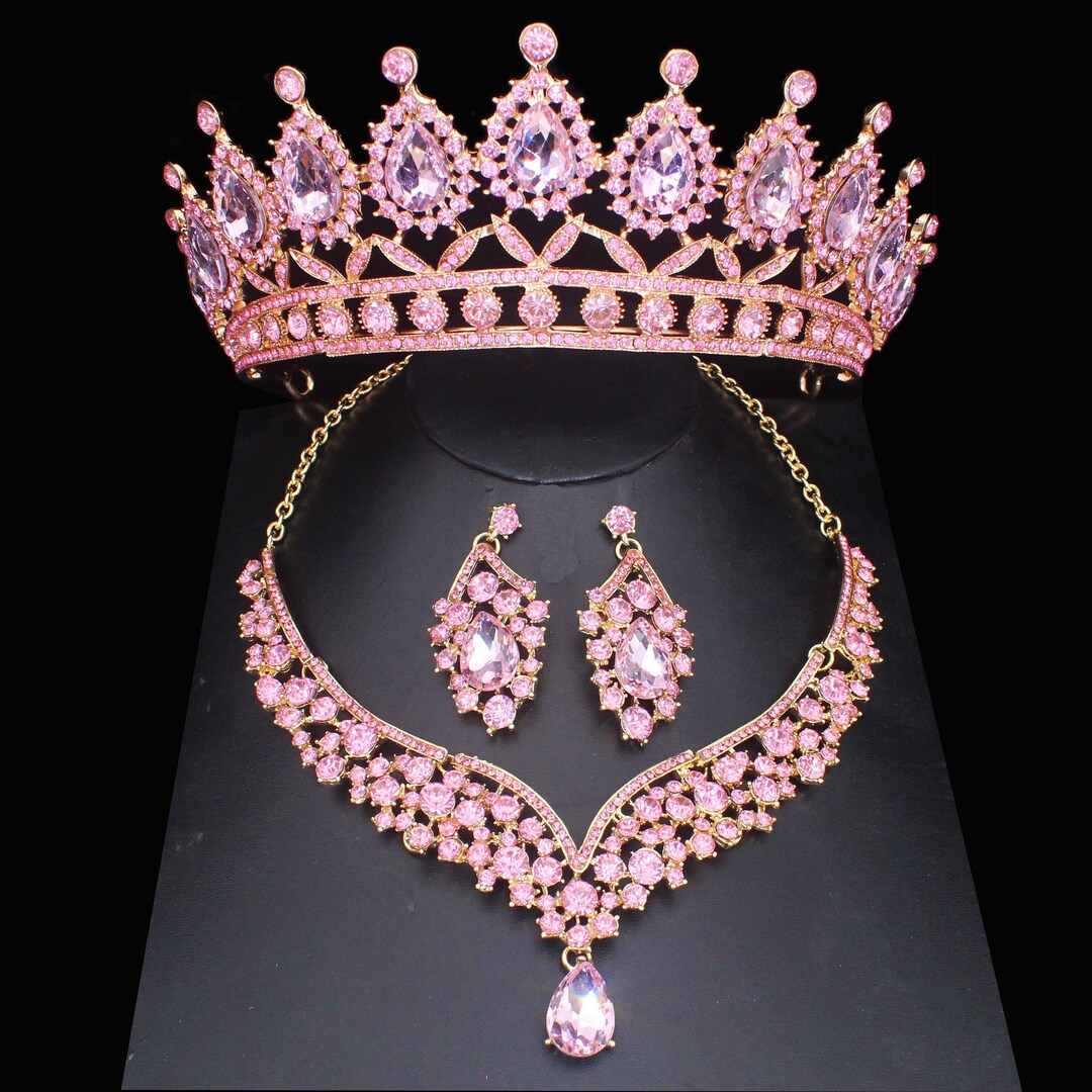 Pink Crystal Bridal Tiara Set Silver Tiara Set Necklace and Earrings ...