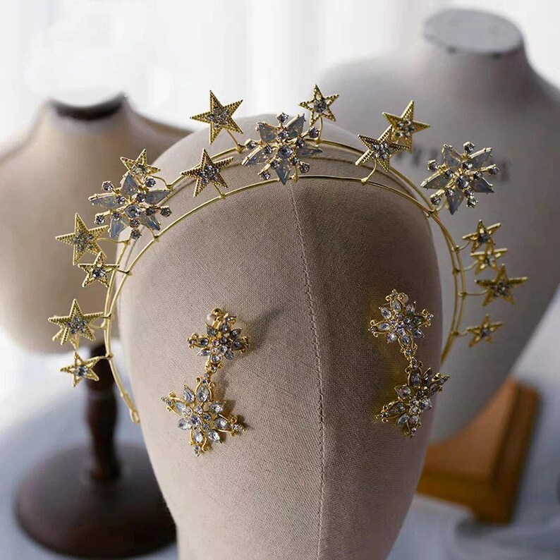 Gold Star Tiara Star Headbands With Earrings Set Celestial - Etsy