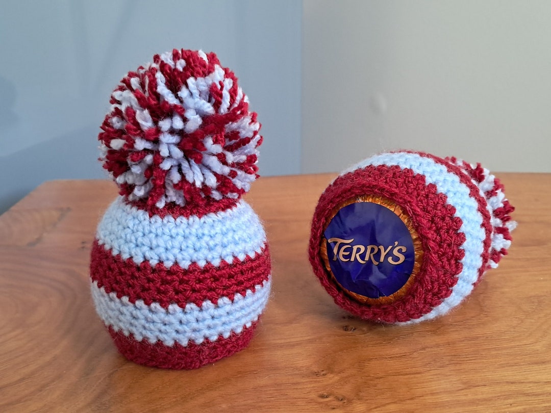 Crochet Claret and Blue Bobble Hat Chocolate Orange or Bath Bomb Cover ...