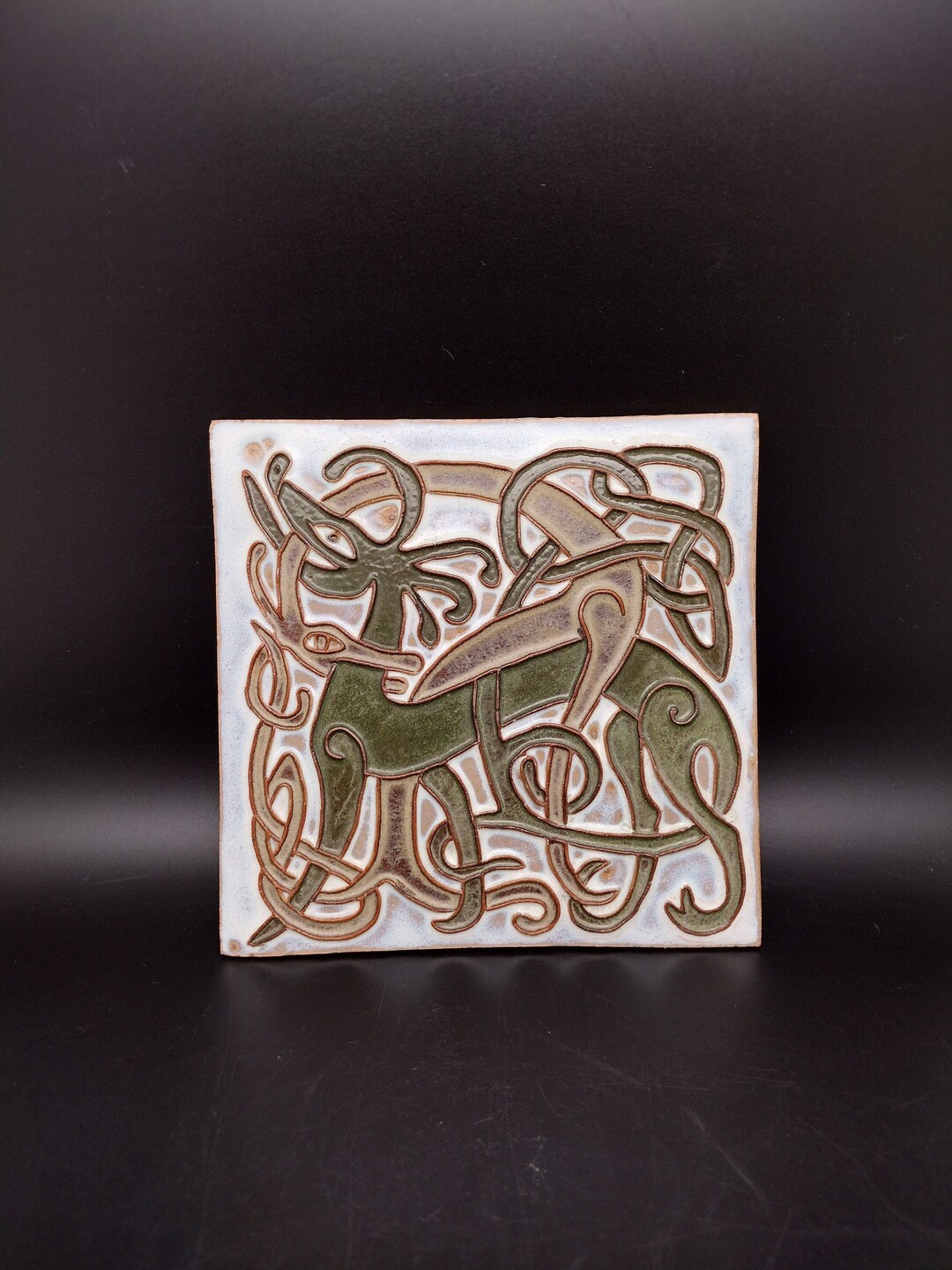 Earthen Craft Pottery Tile, Stag & Doe, Celtic Knot, Artisinal, Hand ...