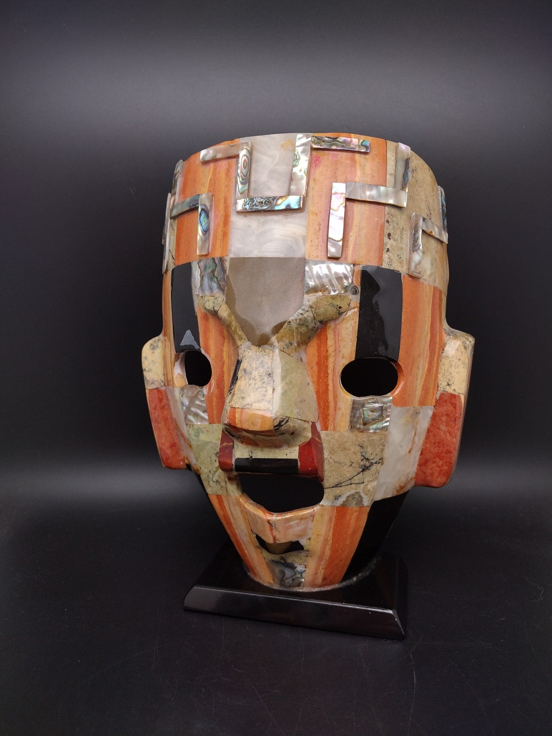 Vintage Tile Mosaic Aztec Death Mask, Mexican Folk Art, Semiprecious ...