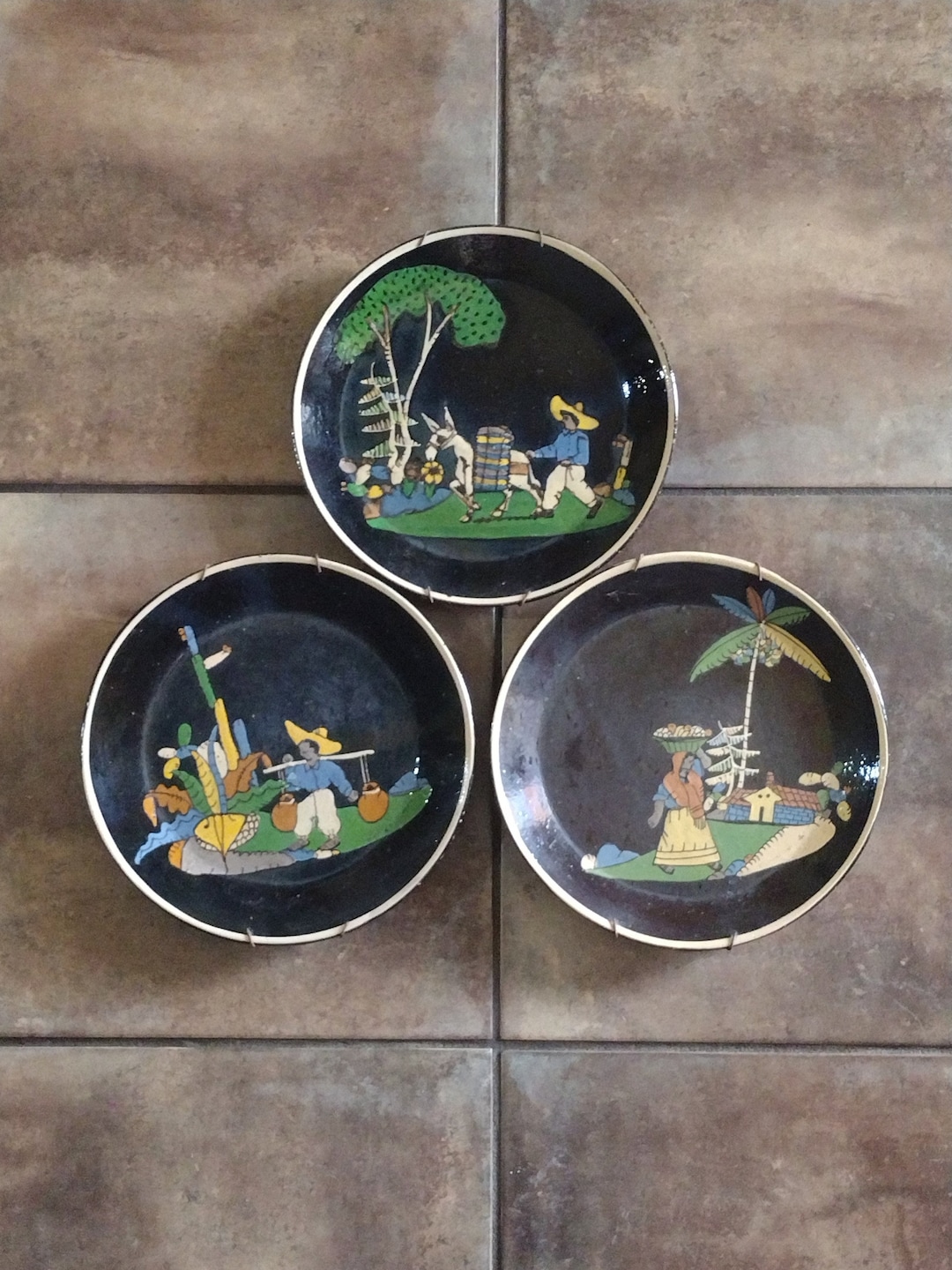 Trio of 1940 Mexican Tlaquepaque Black Plates With Wall Hangers ...