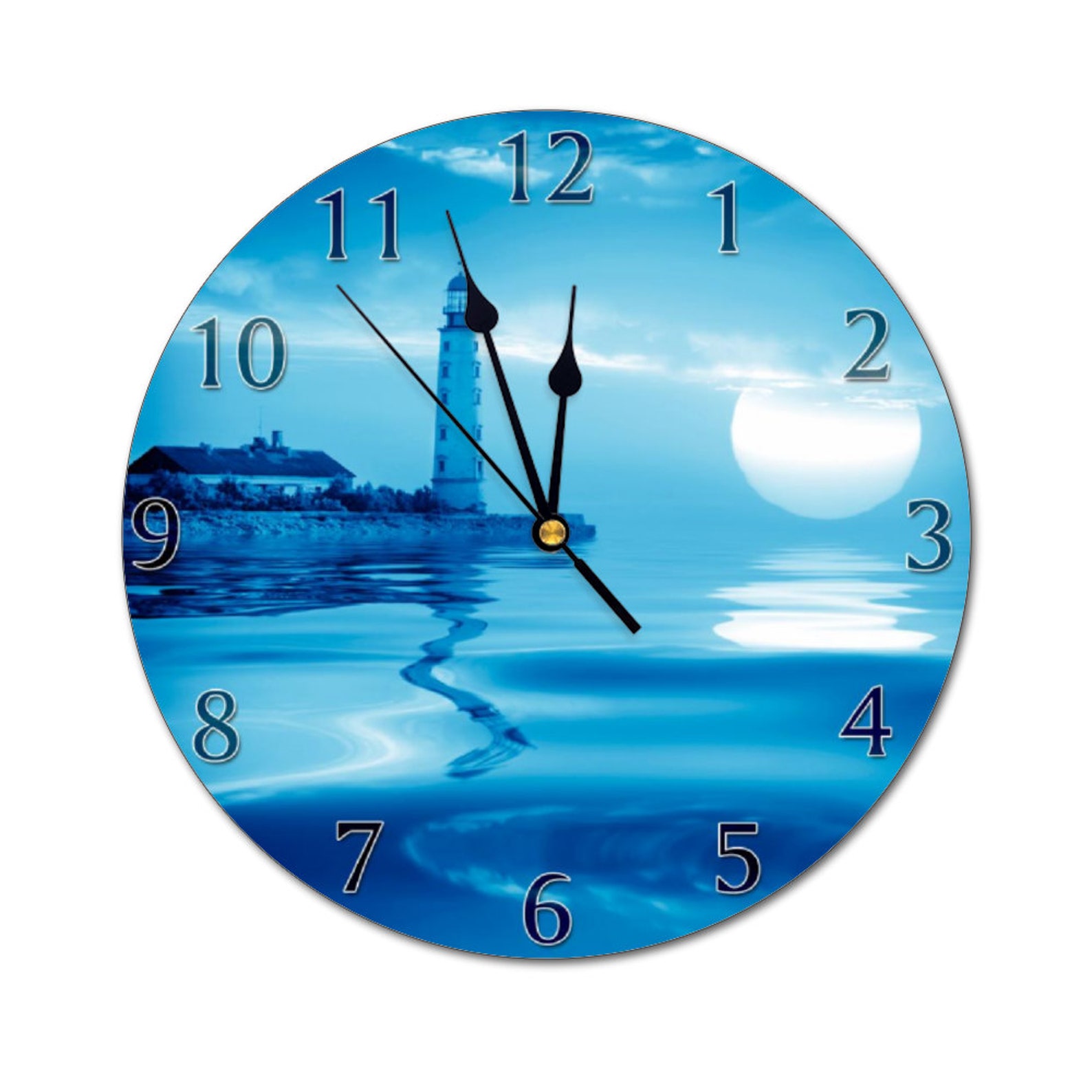 10.5 Blue Sky Sunset Room Wall Art Clocks Light House Hanging Silent ...