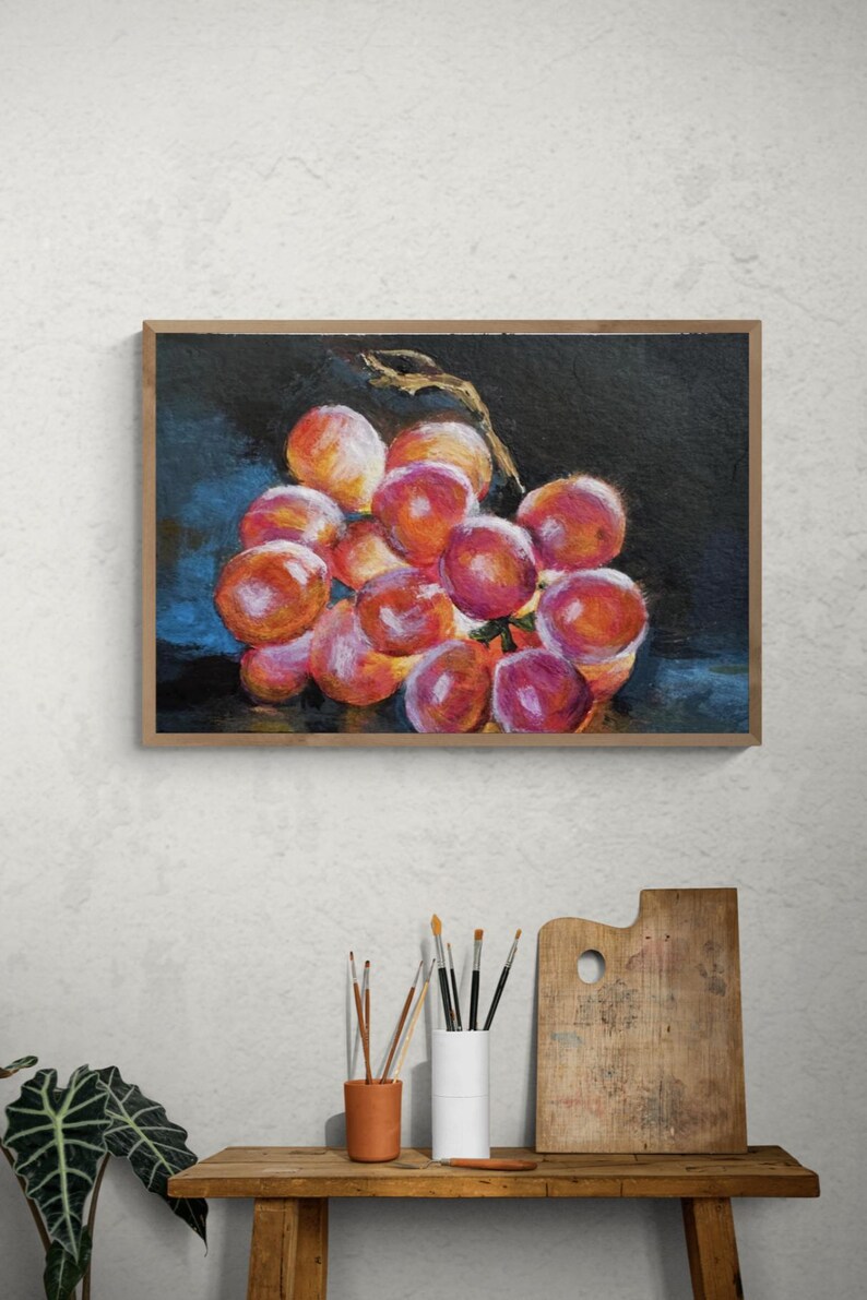 Ruby & Gold Grapes Acrylic Painting | 5x3" Mini Art on Cardboard ...