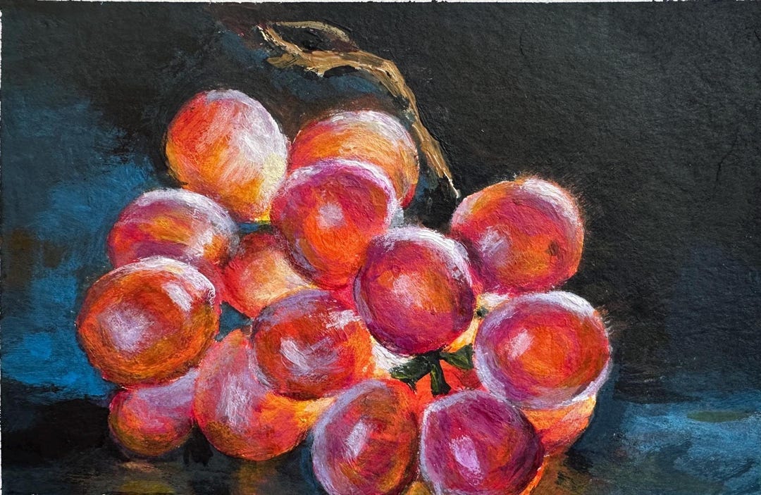 Ruby & Gold Grapes Acrylic Painting | 5x3" Mini Art on Cardboard ...
