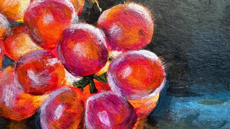 Ruby & Gold Grapes Acrylic Painting | 5x3" Mini Art on Cardboard ...