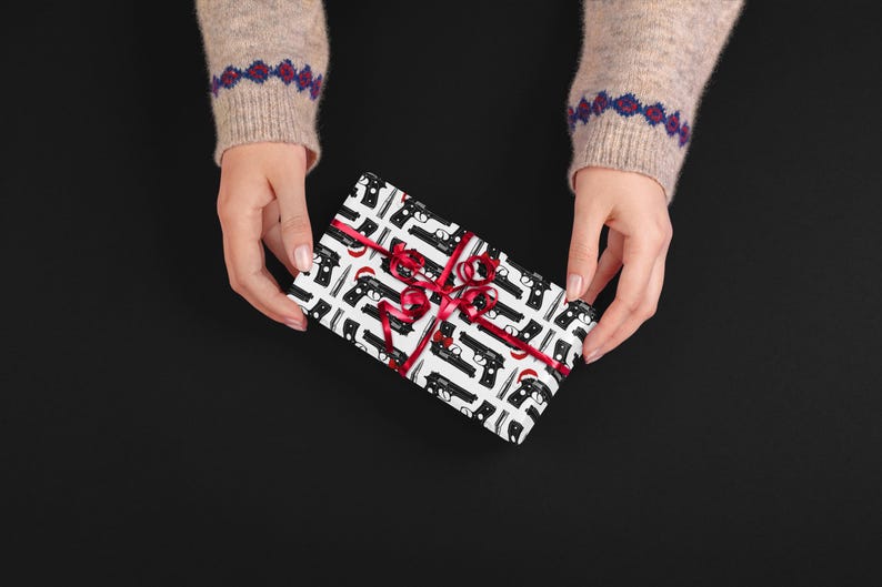 Christmas Gun Wrapping Paper With Santa Hats | Red Bow Ammo Pattern ...