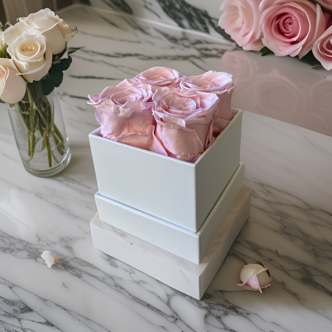 Set of 4 Eternal Preserved Pink Roses in Luxe Box perfect Romantic Gift ...