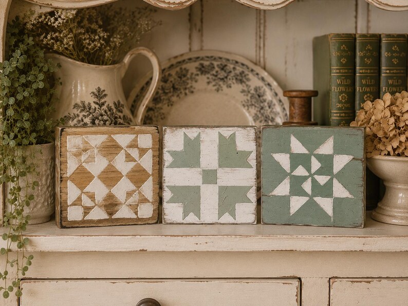 Primitive Quilt Block Signs Set of 3, Rustic Farmhouse Shelf Decor ...