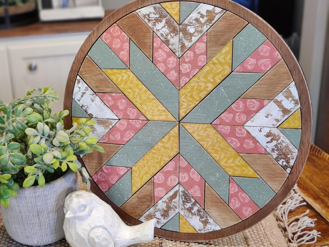 Spring Inspired Rustic Wood Quilt Pattern Round Decor Handcrafted Wood ...