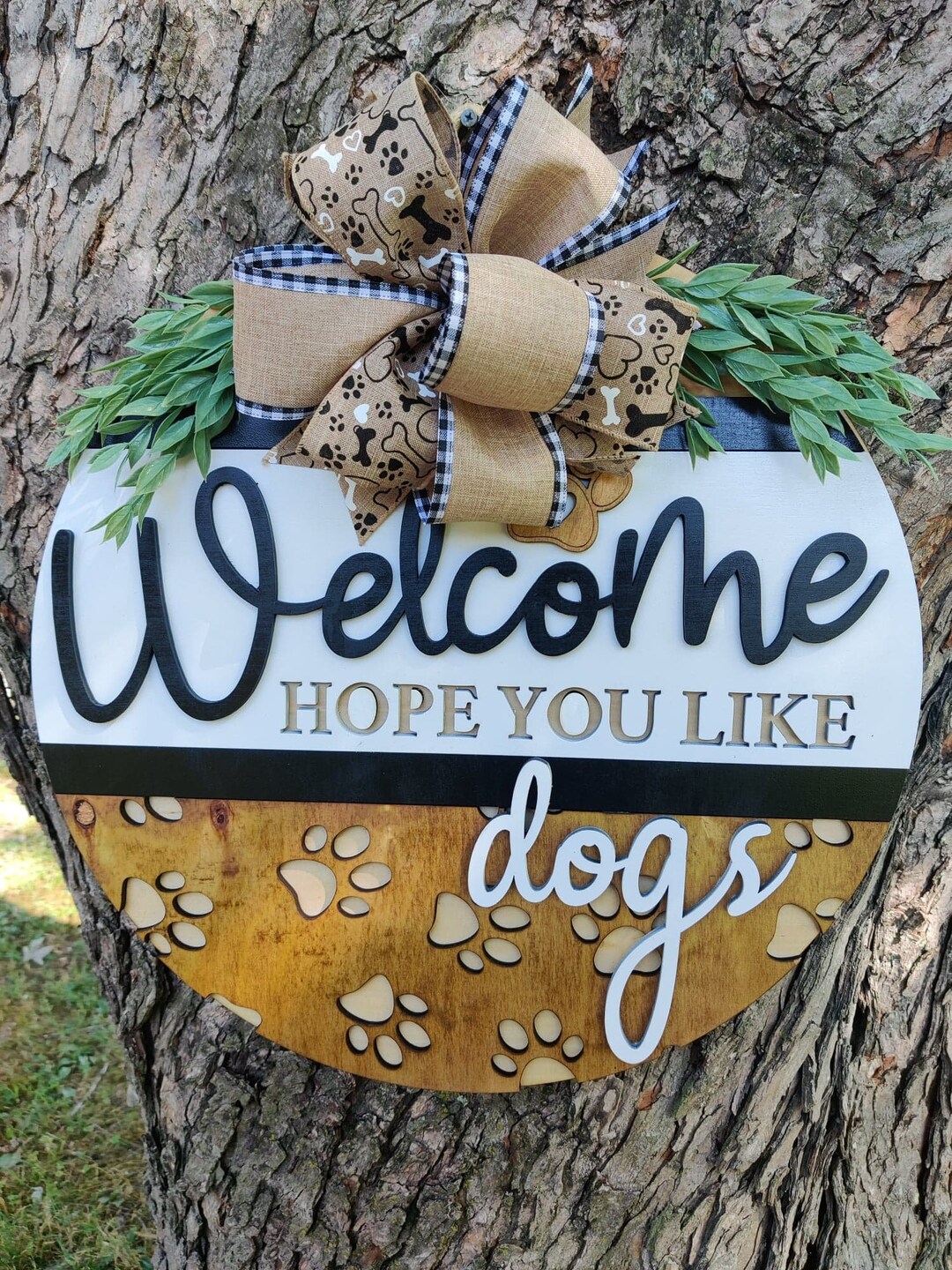 Hope You Like Dogs Welcome Sign | Rustic Wood Round Door Hanger - Etsy