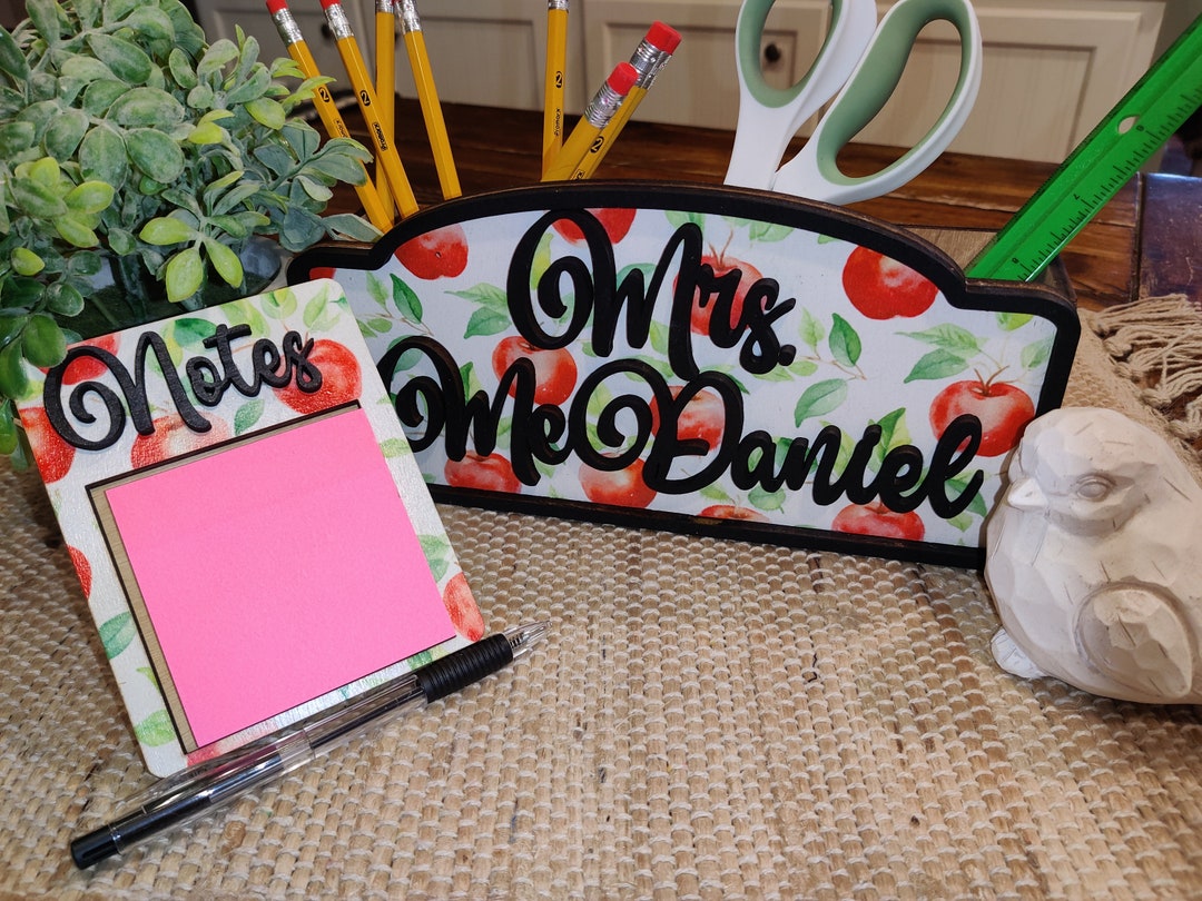 Personalized Apple Teacher Desk Organizer Set: Pen Holder & Sticky Note ...