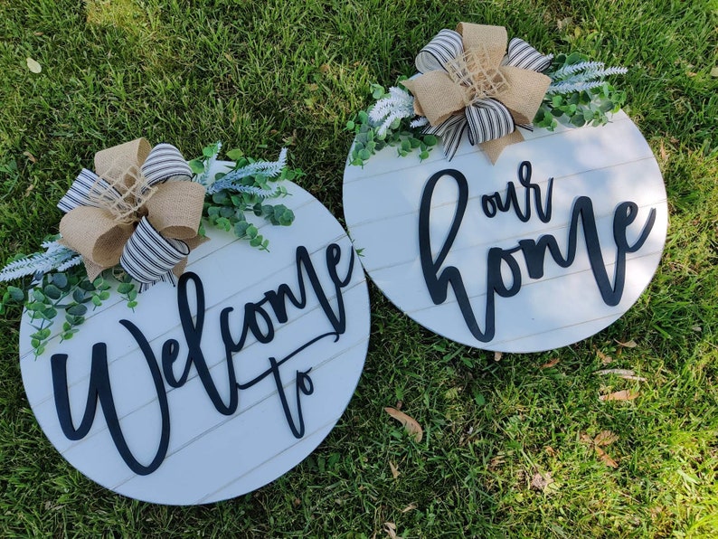 Welcome to Our Home Double Door Round Wood Signs | Front Door Hanger ...