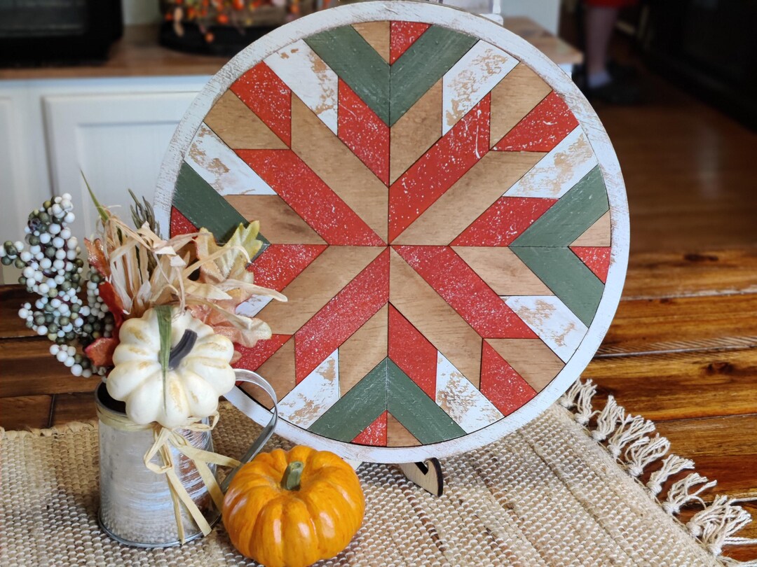 Autumn Rustic Wood Quilt Pattern Round Decor Handcrafted Wood Art Fall ...