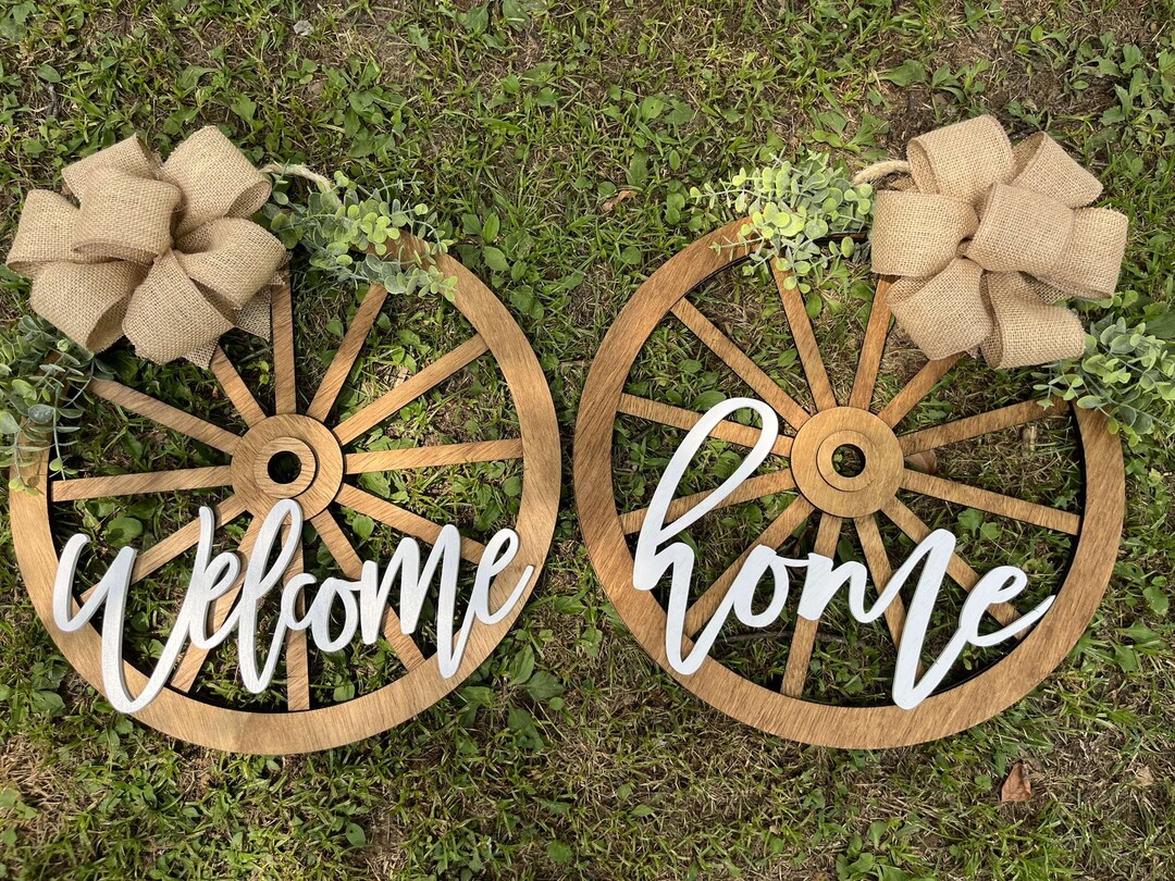Welcome Home Wagon Wheel Double Door Round Wood Signs | Front Hanger ...
