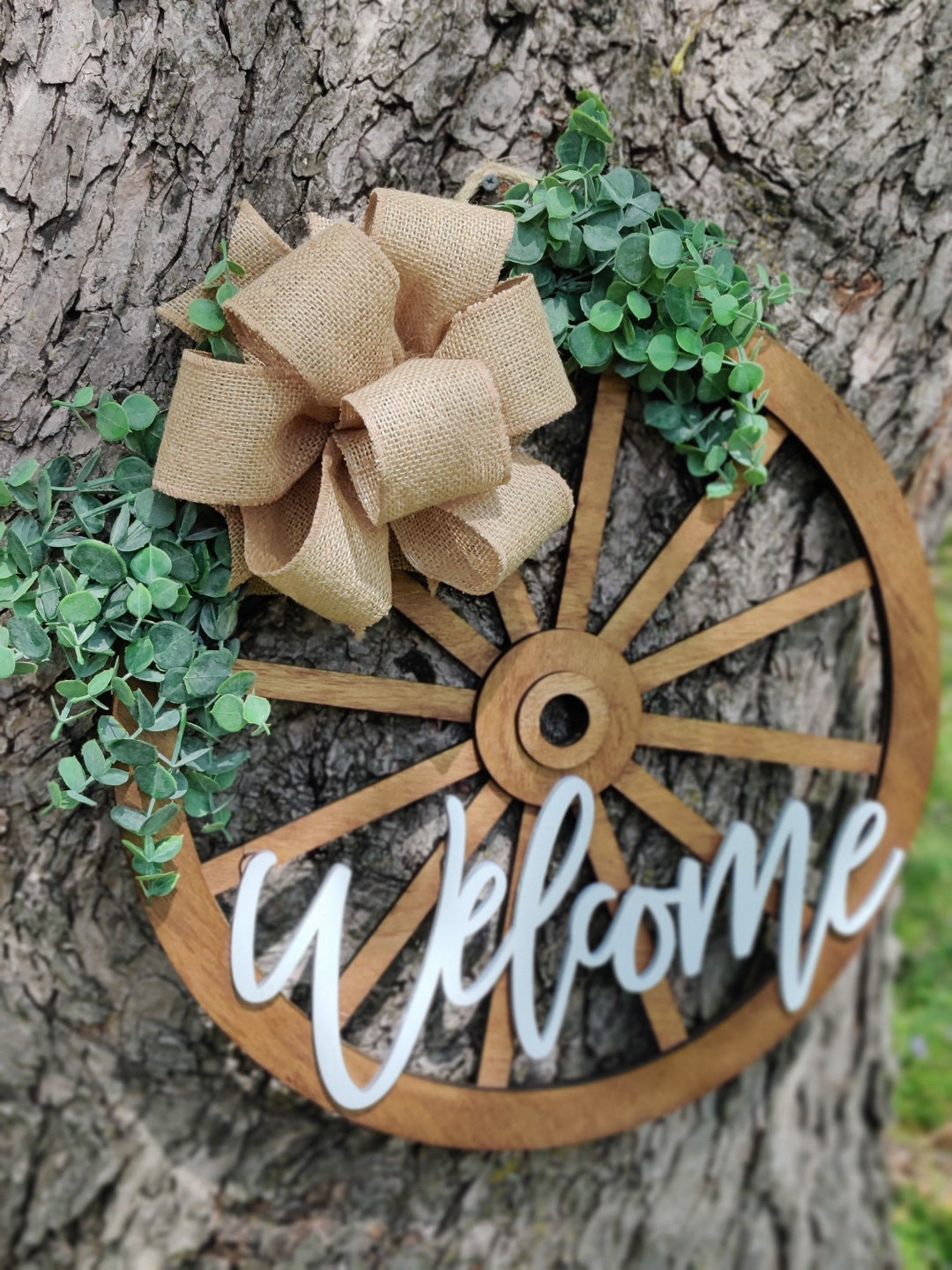 Wagon Wheel Welcome Sign: Rustic Door Hanger, 18 Inch Laser Cut Decor ...