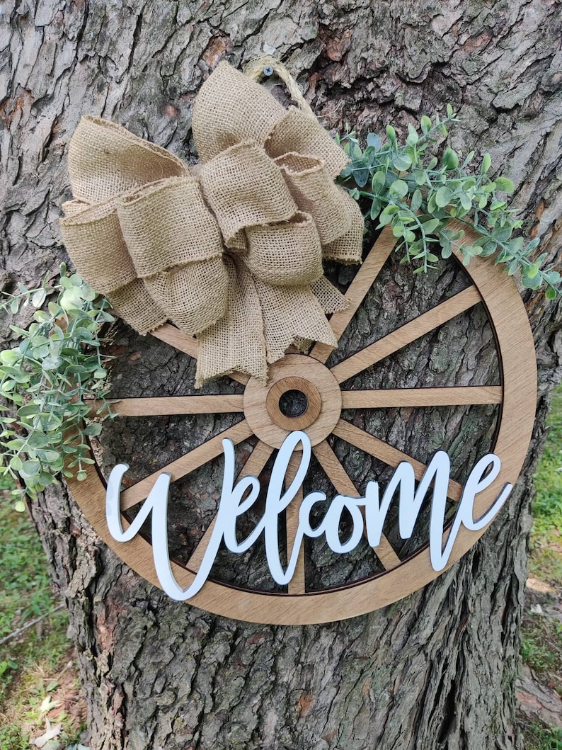 Wagon Wheel Welcome Sign: Rustic Door Hanger, 18 Inch Laser Cut Decor ...
