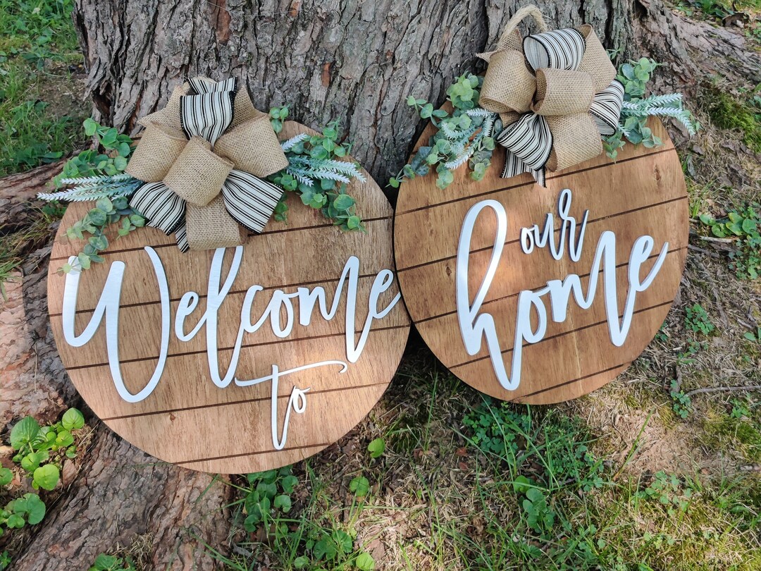 Welcome to Our Home Double Door Round Wood Signs | Front Door Hanger ...