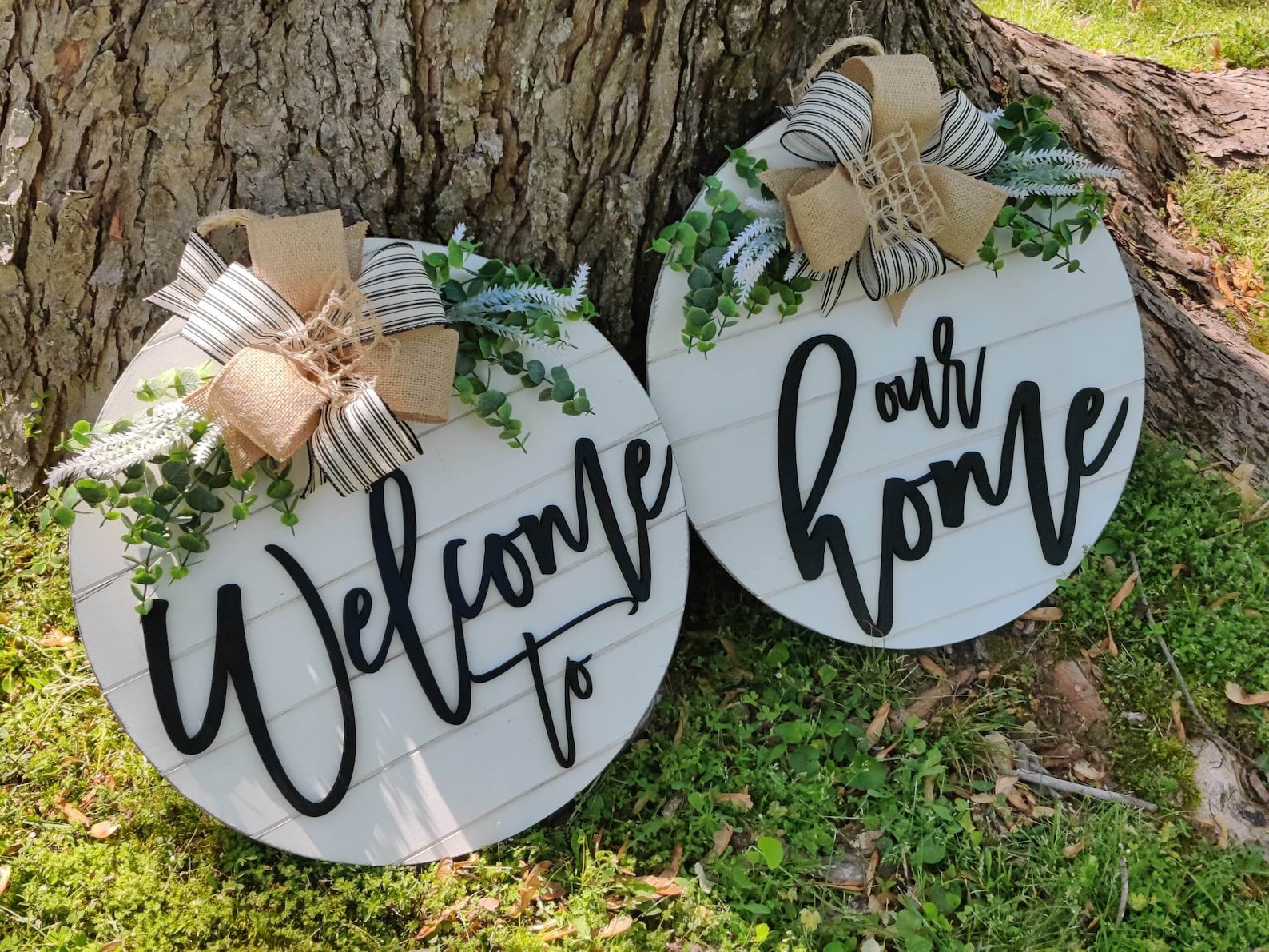 Welcome to Our Home Double Door Round Wood Signs | Front Door Hanger ...