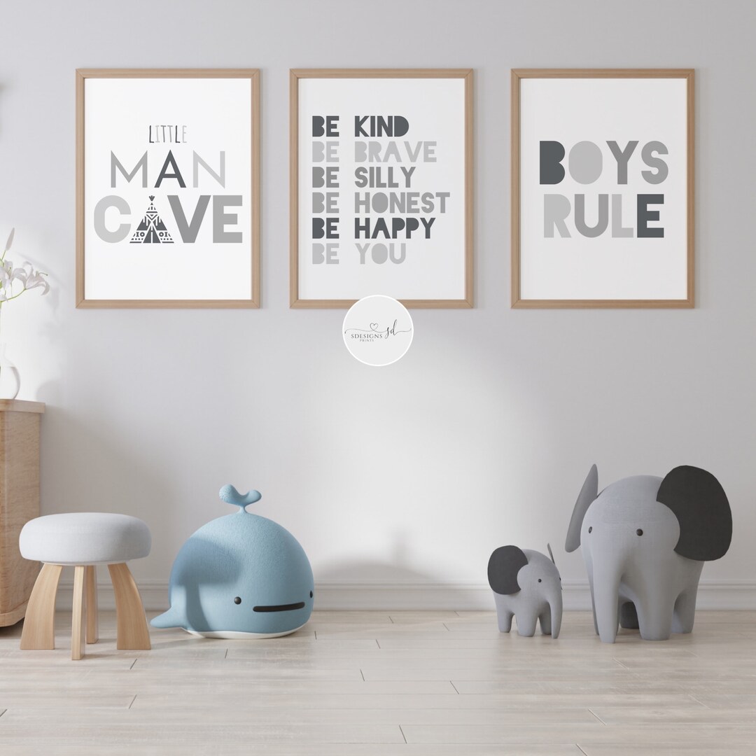 Set of 3 Boys Grey Quotes Prints, Playroom Nursery Wall Art, Boys Rule ...