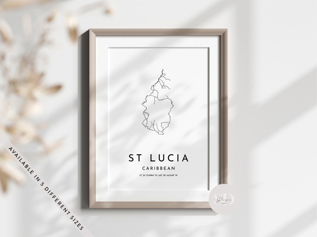 St Lucia Line Map Print, Caribbean Map, St Lucia Map Co Ordinates ...