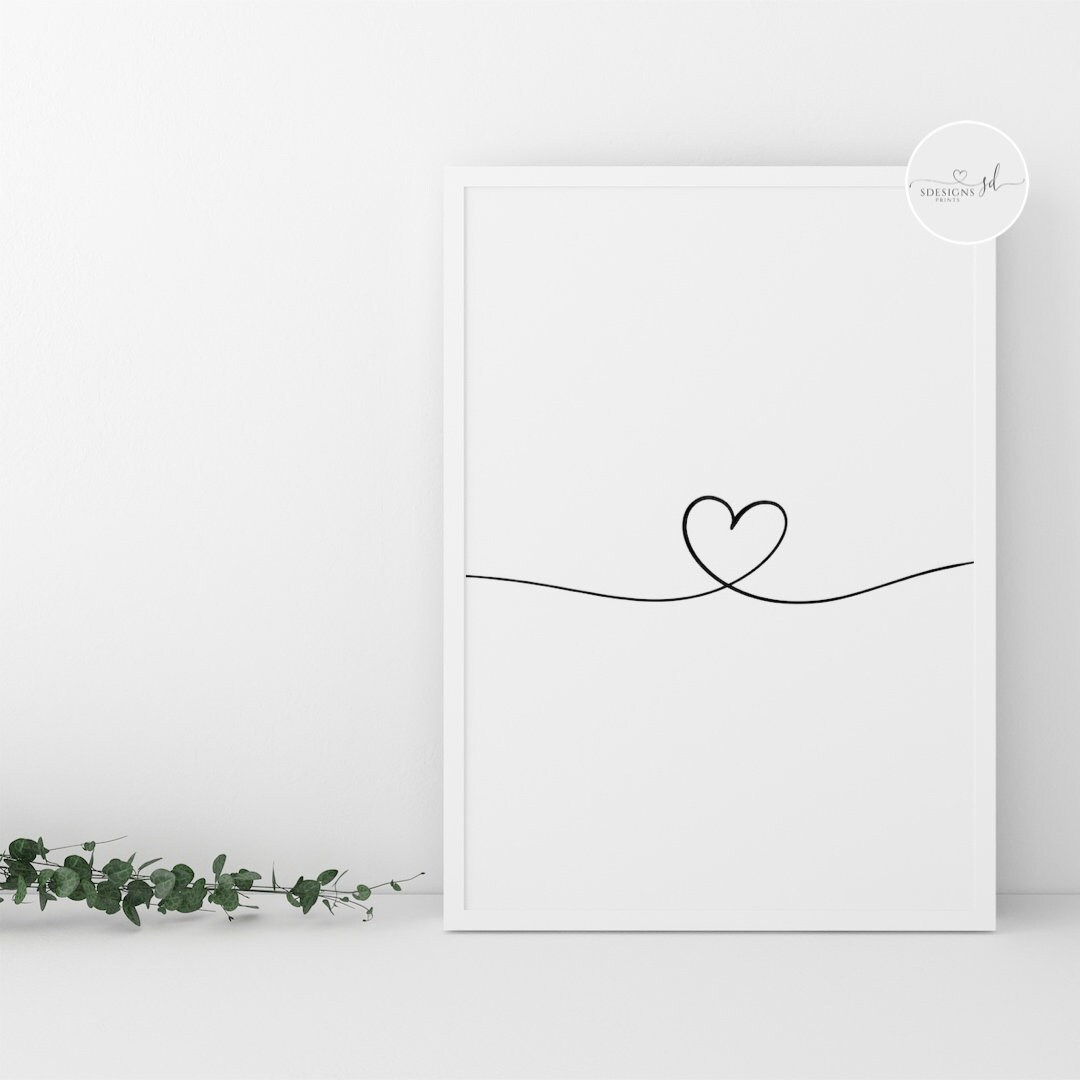 Single Love Heart Line Art Print Engagement Gift Line Drawing Bedroom ...