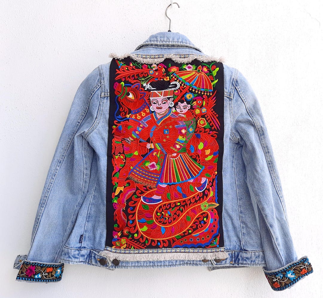 Mexican Floral Embroidered Jeans Jacket. Artisanal Denim Jacket. Boho ...