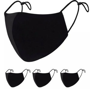 6 Face Masks Black Cotton Adult Mask Adjustable Elastic Loops Washable ...