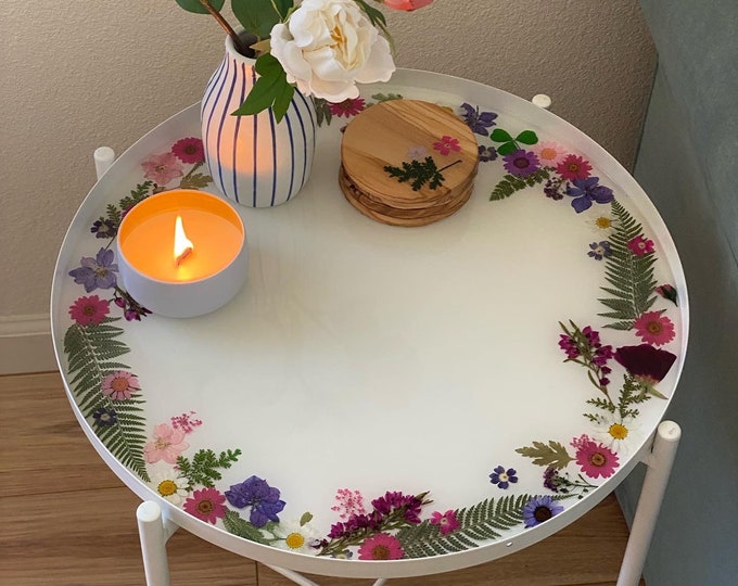 Floral Side Table Nightstand Resin Side Table, Dried Flowers, Pressed ...
