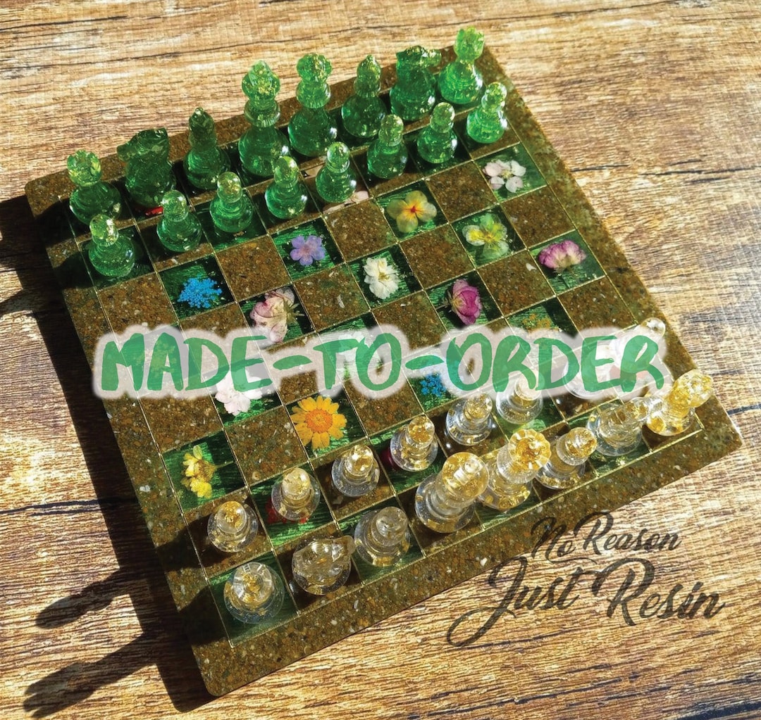 Made to Order Custom Resin Flower Chess Set Real Flowers Green Gold ...