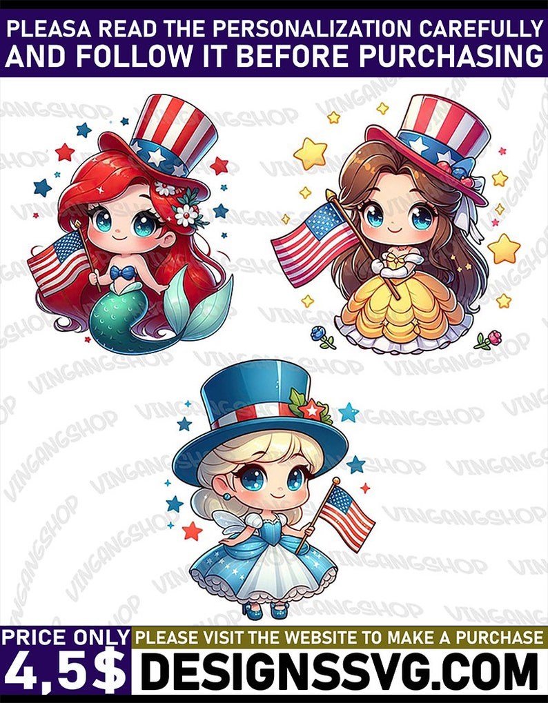 6 Cartoon Princess 4th of July PNG Bundle, Independence Day Png ...