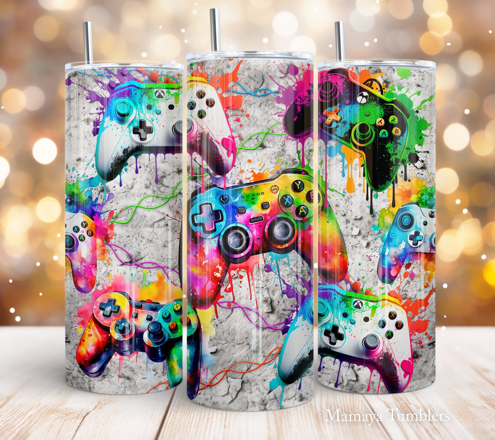 Gamer 20oz Skinny Tumbler Sublimation Design Neon Video Game Controller ...