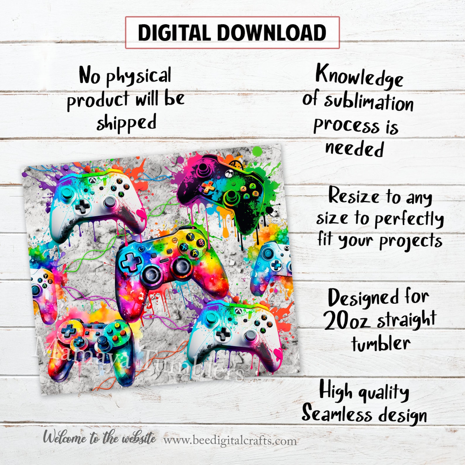 Gamer 20oz Skinny Tumbler Sublimation Design Neon Video Game Controller ...