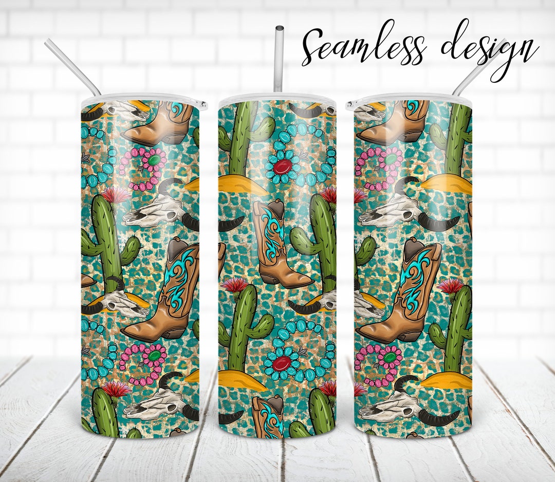 SEAMLESS Western Boots Cactus and Turquoise Tumbler PNG Design Teal ...