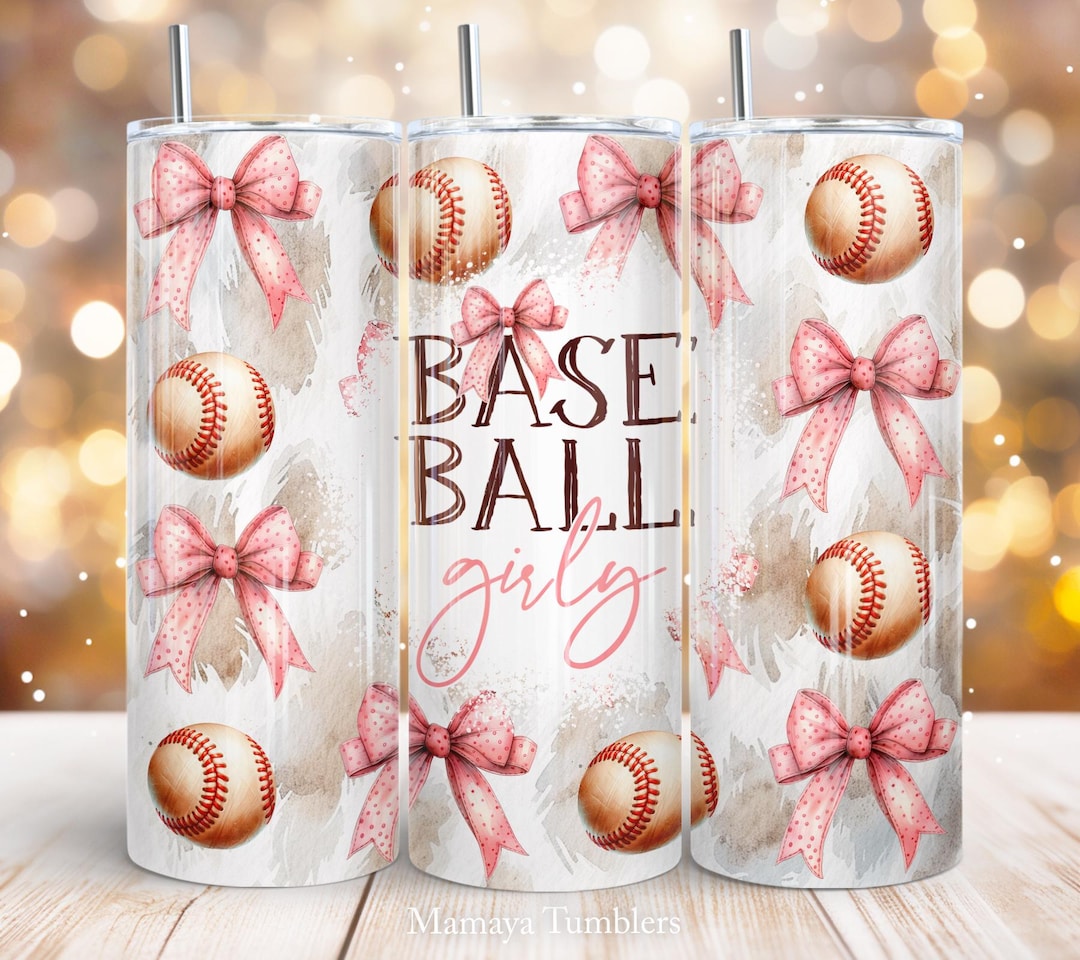 Baseball Girly 20oz Skinny Tumbler Sublimation Design Pink Coquette Bow ...